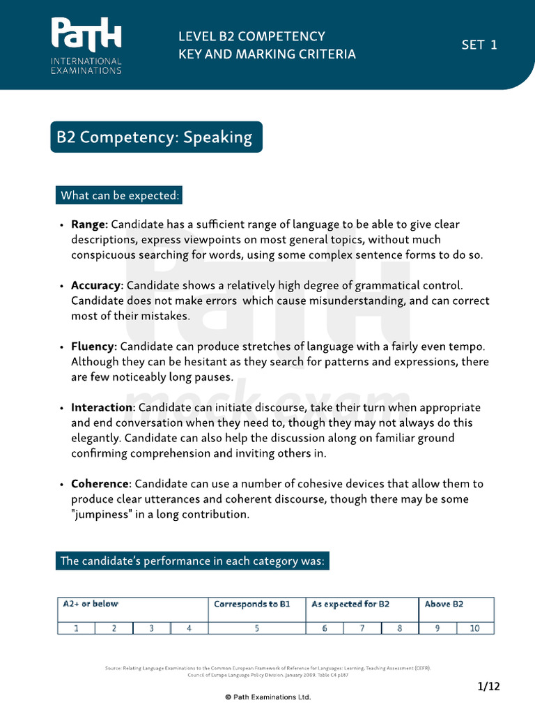 B2 COMPETENCY - SET 1 - Key and Marking criteria | PDF