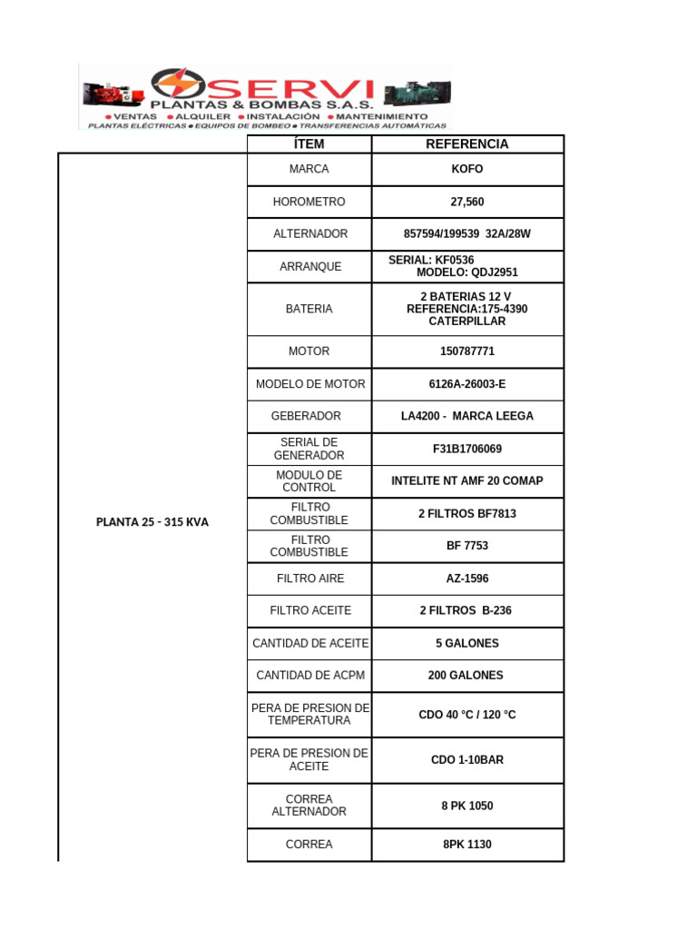 Hoja de Vida Planta 315kva | PDF | Motores Hoja de Vida Planta 315kva | PDF | Motores