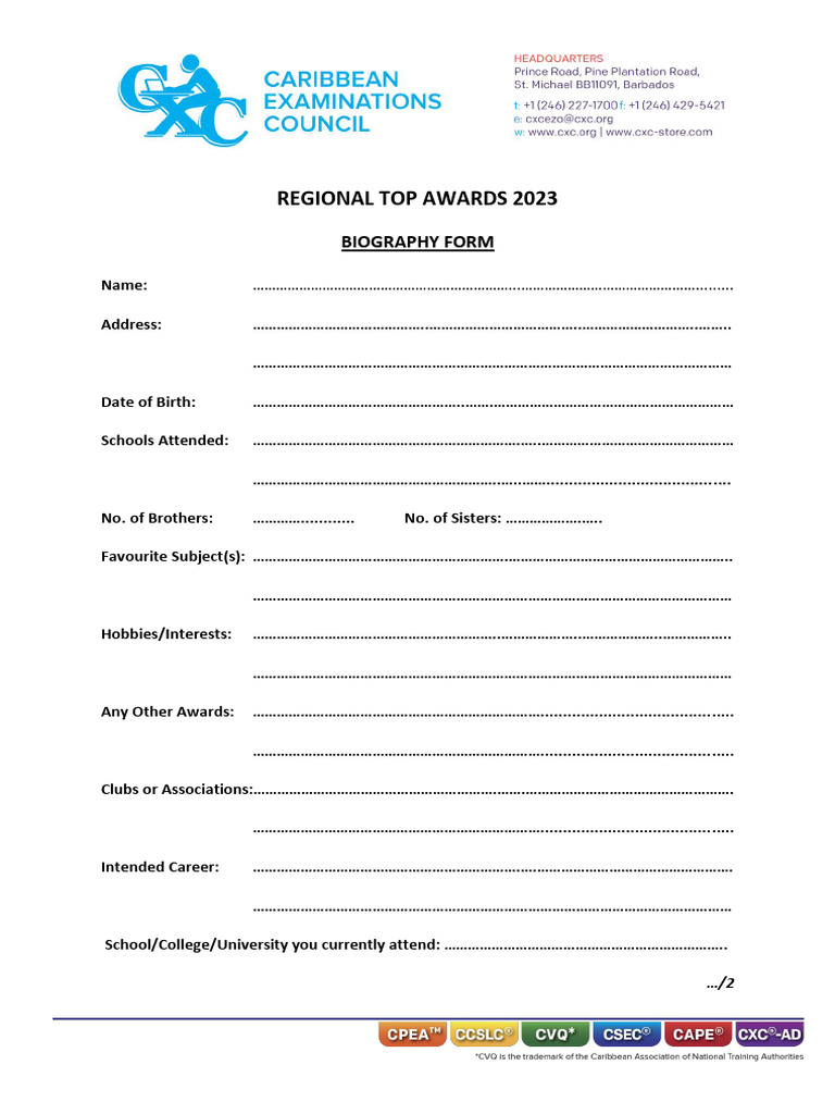 CXC BIO-Data Form For 2023 Top Awardees | PDF