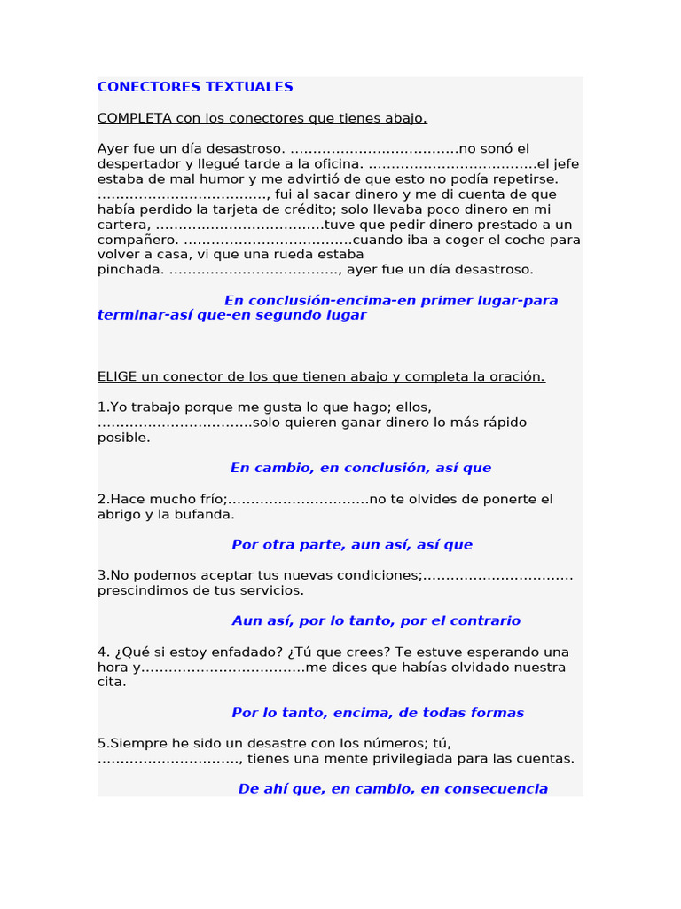 CONECTORES TEXTUALES Ejercicios | PDF