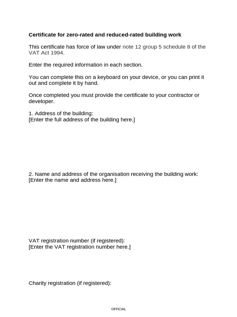 Zero-Rated and Reduced-Rated Building Work Certificate | PDF
