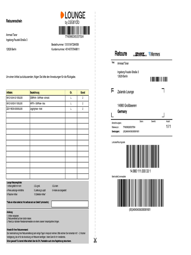 Zalando Lounge Return | PDF