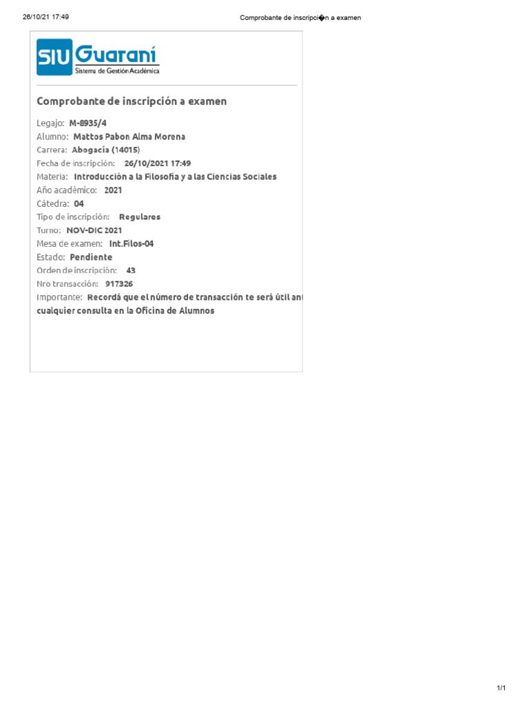 Comprobante de Inscripci N A Examen | PDF