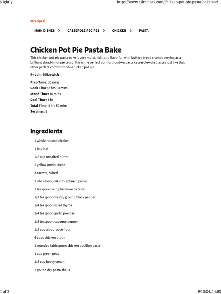 Chicken Pot Pie Pasta Bake | PDF | Pasta | Cooking