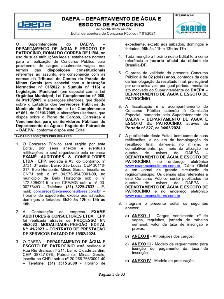 Edital DAEPA Patrocínio MG 2024 | PDF