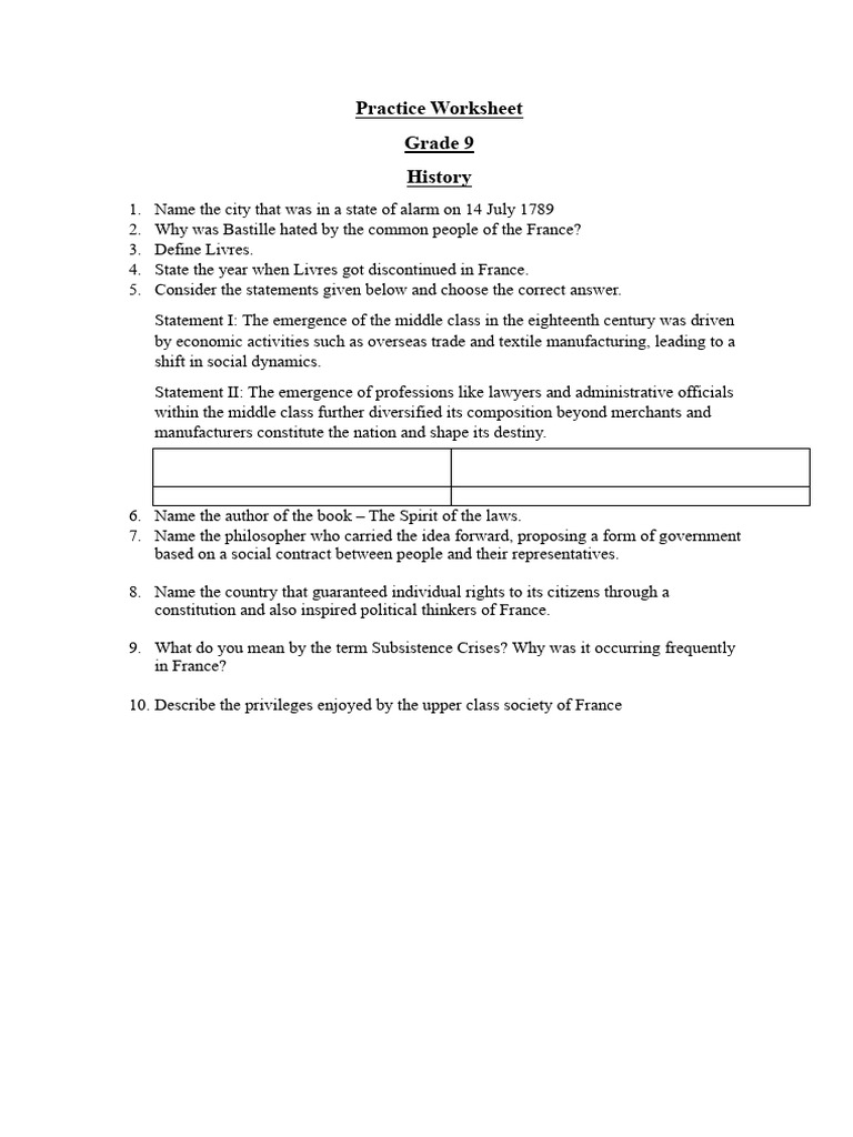Practice Worksheet - History Grade 9 | PDF