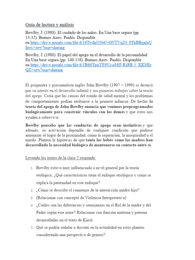 Guía de Lectura y Análisis Bowlby | PDF