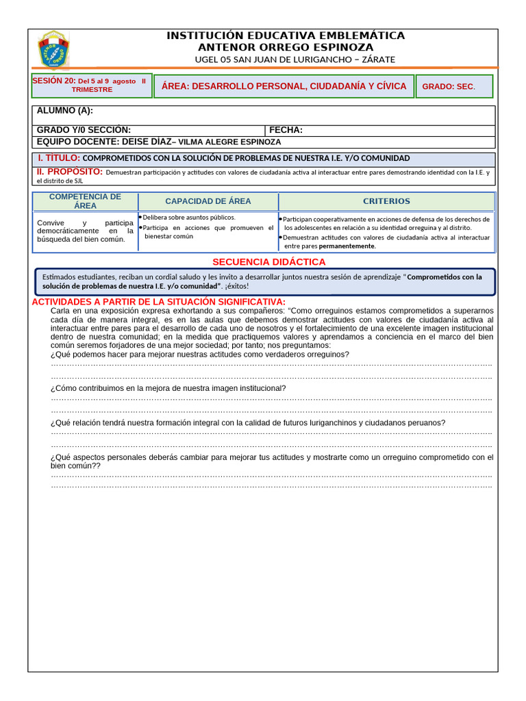 SESIÓN 20. DPCC 2° SEC. 2024. ficha | PDF