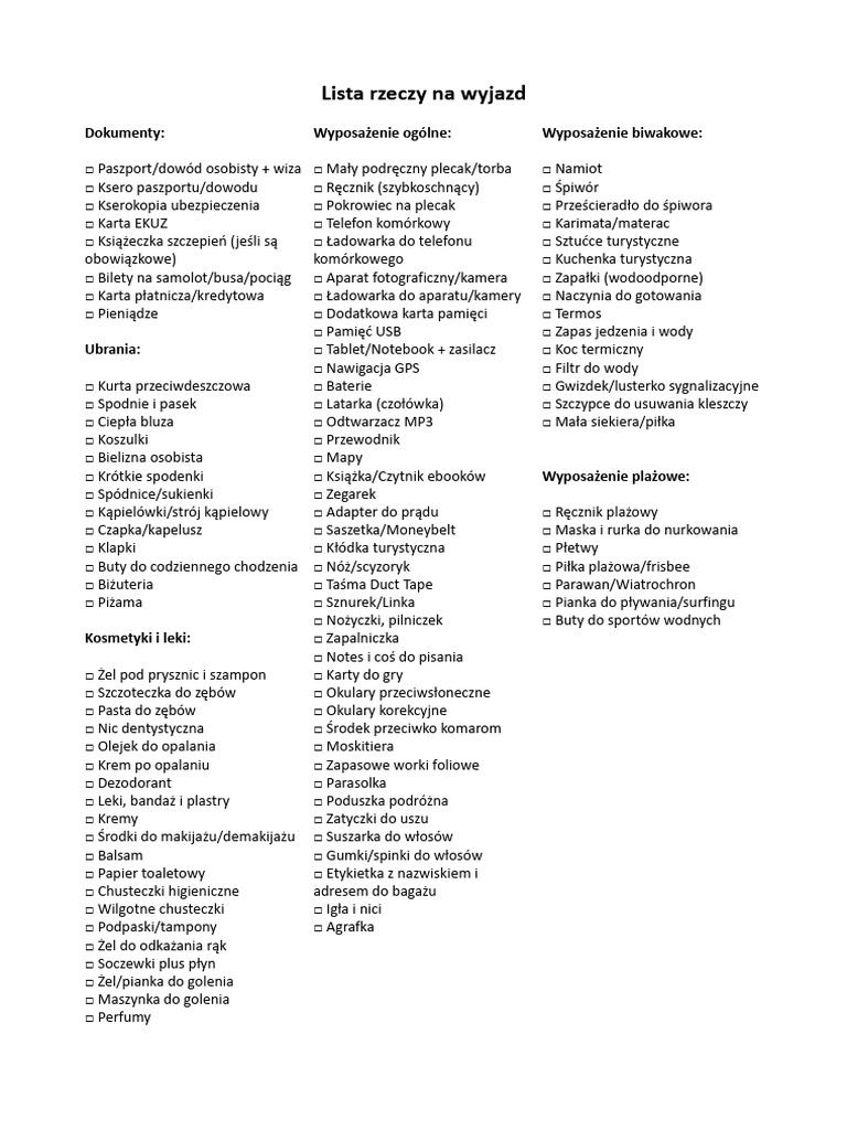 Lista Rzeczy Na Wyjazd | PDF