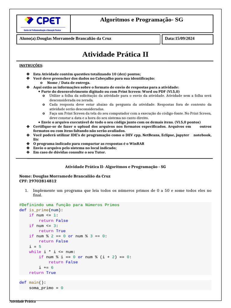 Atividade Prática II - Algoritmos e Programação | PDF Atividade Prática II - Algoritmos e Programação | PDF