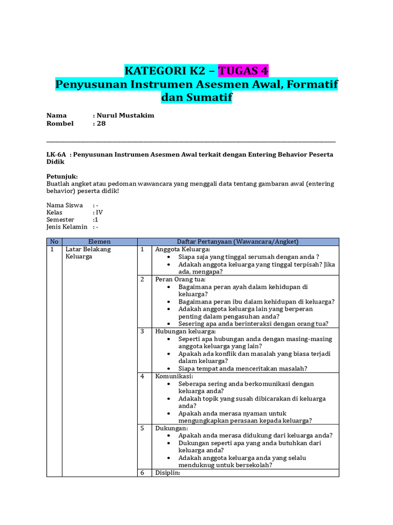 K2 - Tugas 4 - Penyusunan Instrumen Asesmen Awal, Formatif dan Sumatif ...