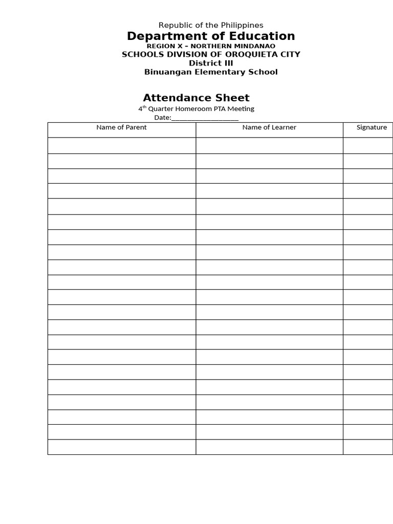 Attendance Sheet For PTA Meeting | PDF