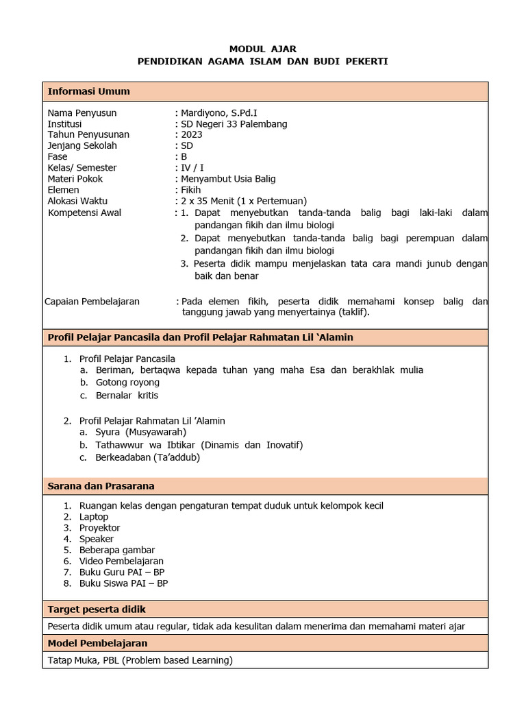 Modul Ajar 1 Berbasis Problem Base Learning (PBL) | PDF