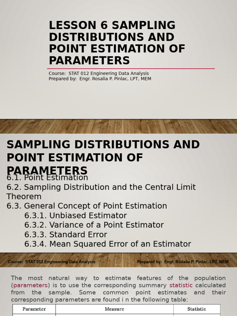 Lesson 6 Sampling Distributions and Point Estimation of Parameters Pinlac | PDF