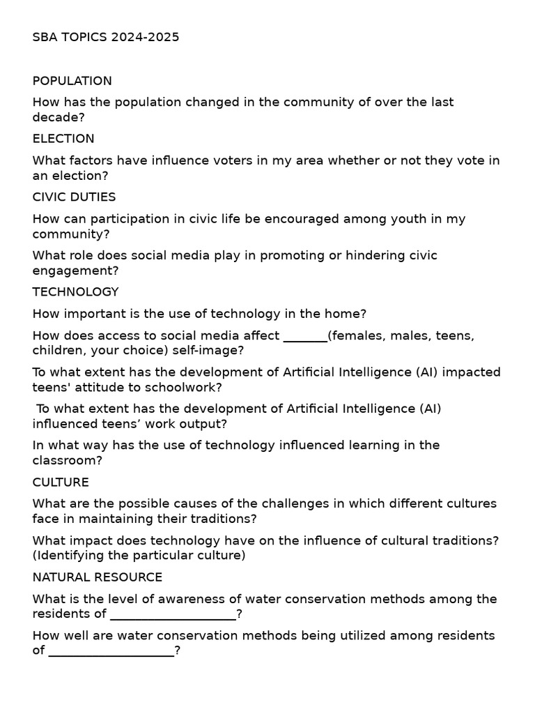 SBA Topics 2024-2025 | PDF