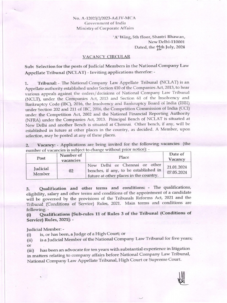 NCLAT Members Vacancy Circular 11th July 2024 English | PDF