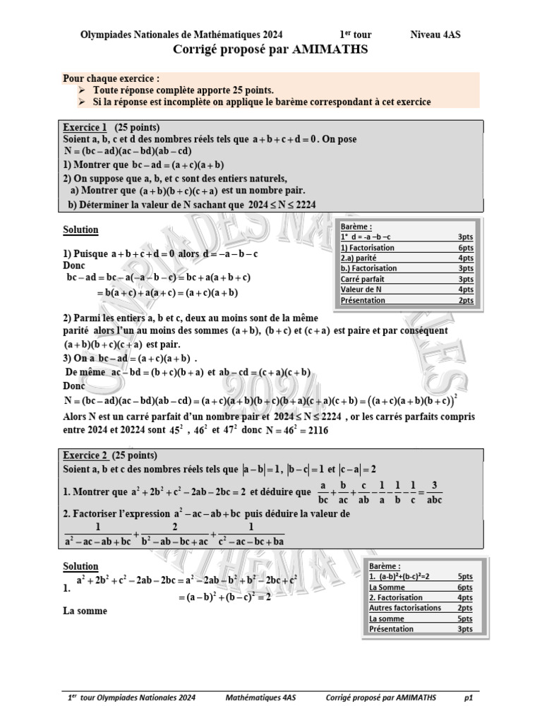 Corrigé&Barème T1 Olymp Maths 4 AS2024 | PDF