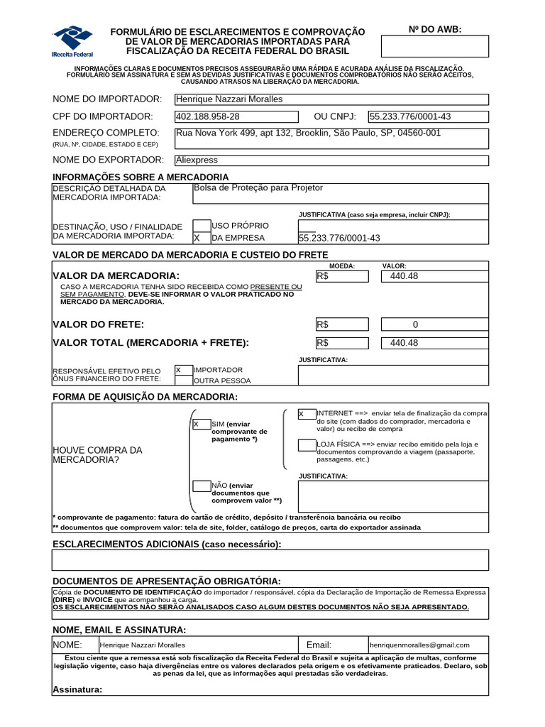 Formulario Receita Federal - Comprovação de Valor | PDF