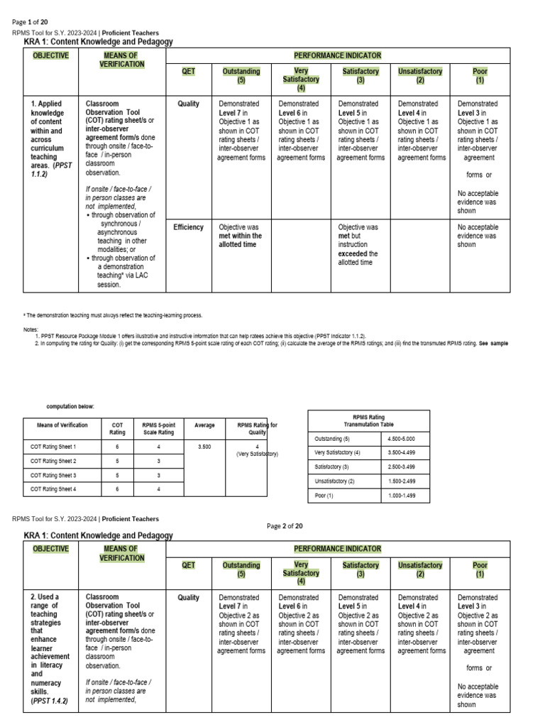 Annex A2 RPMS Tool For Proficient Teachers SY 2023-2024 | PDF