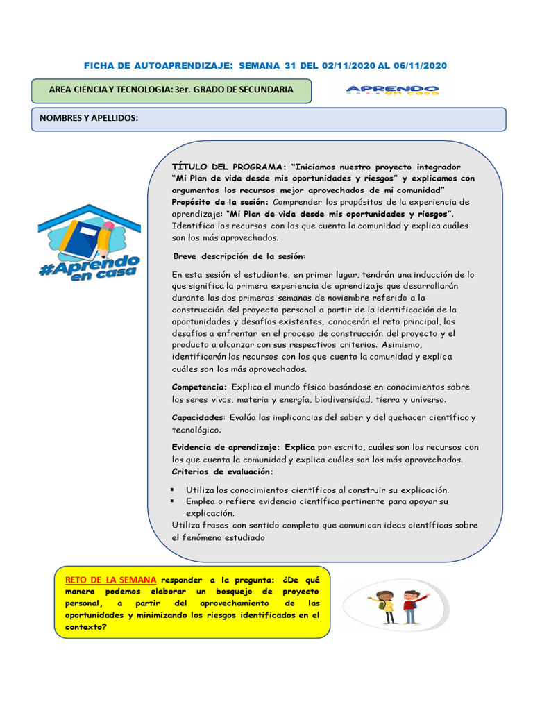 FICHA DE AUTOAPRENDIZAJE Semana 31 3° | PDF