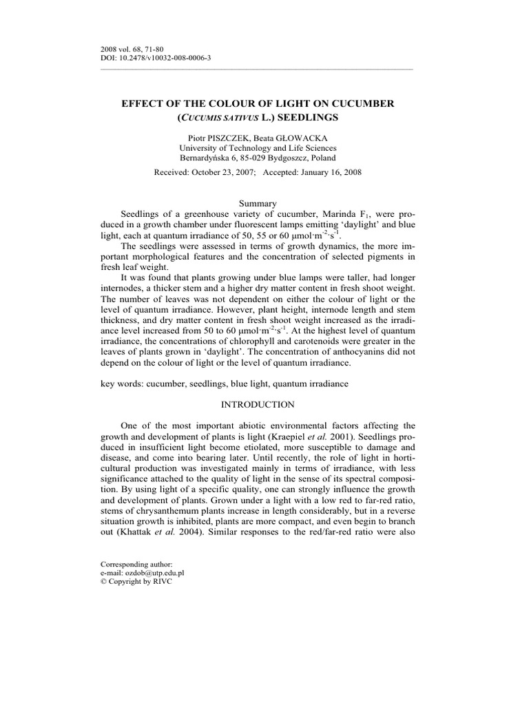 Effect of The Colour of Light On Cucumber (L.) Seedlings | PDF ...