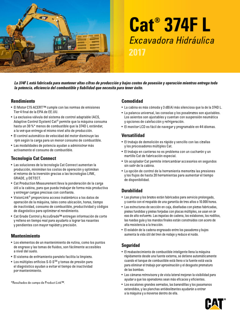 Cat 374F L: Excavadora Hidráulica | PDF