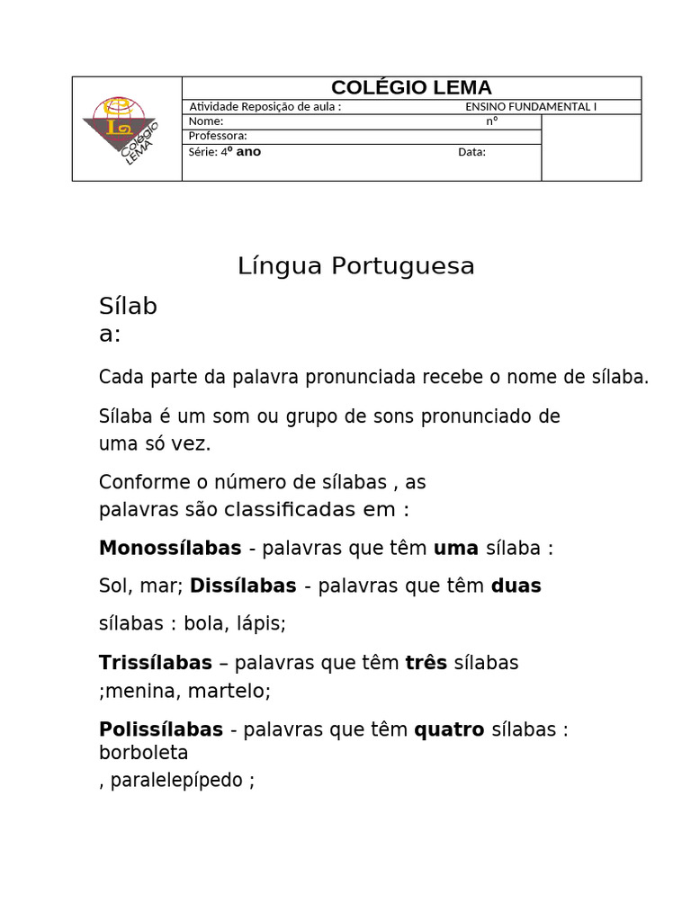 Sílab A: Língua Portuguesa: Colégio Lema | PDF
