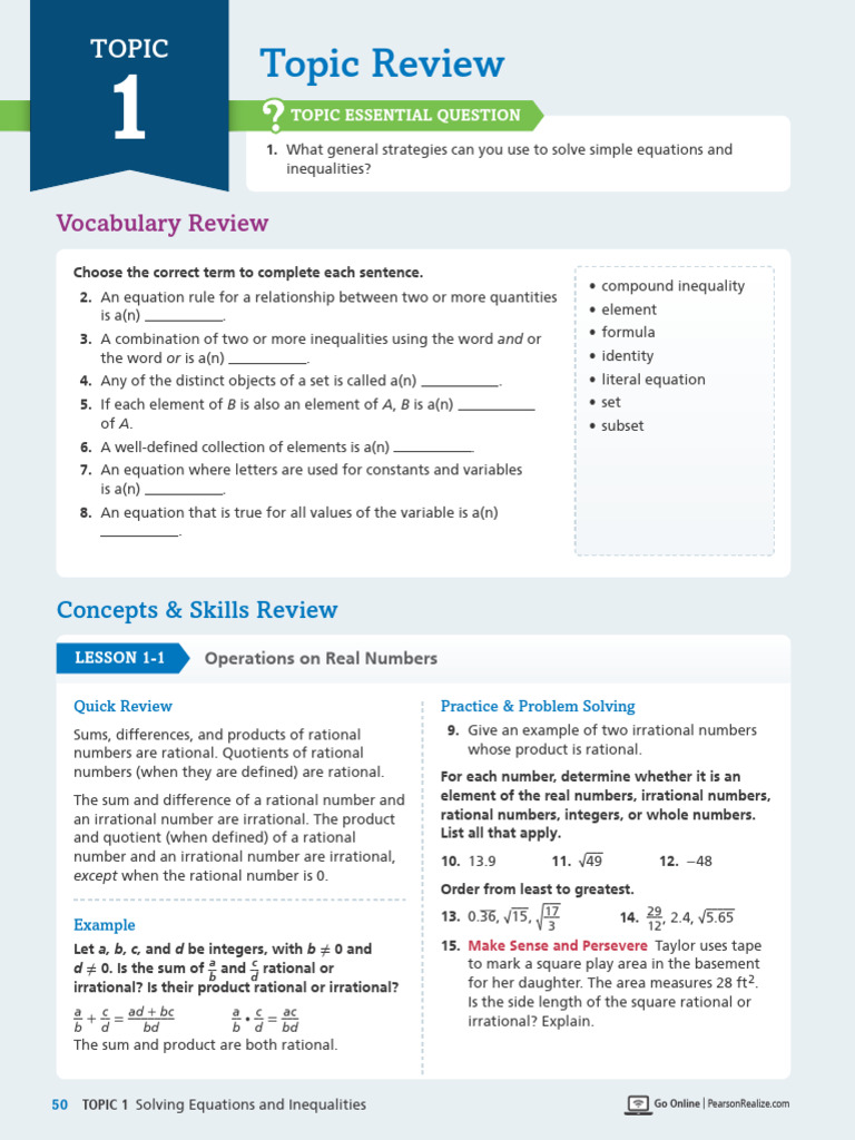 Alg 1 Topic 1 Review - Aga A1 01 TR | PDF