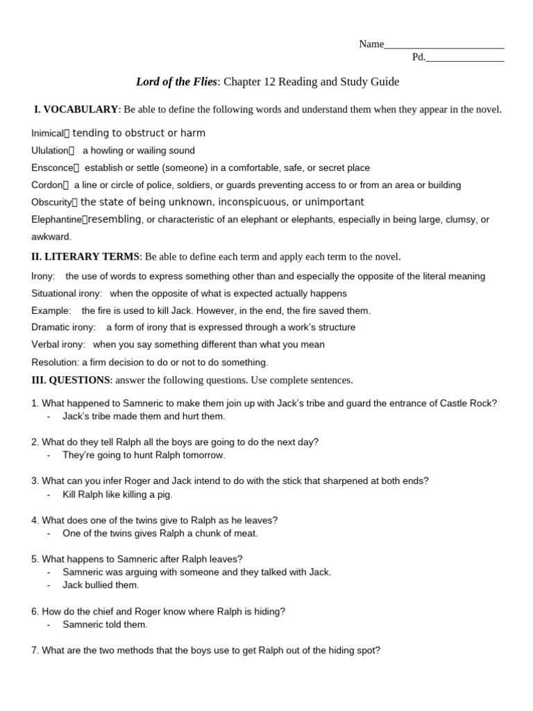 Lord of the Flies Chapter 12 Study Guide Students | PDF