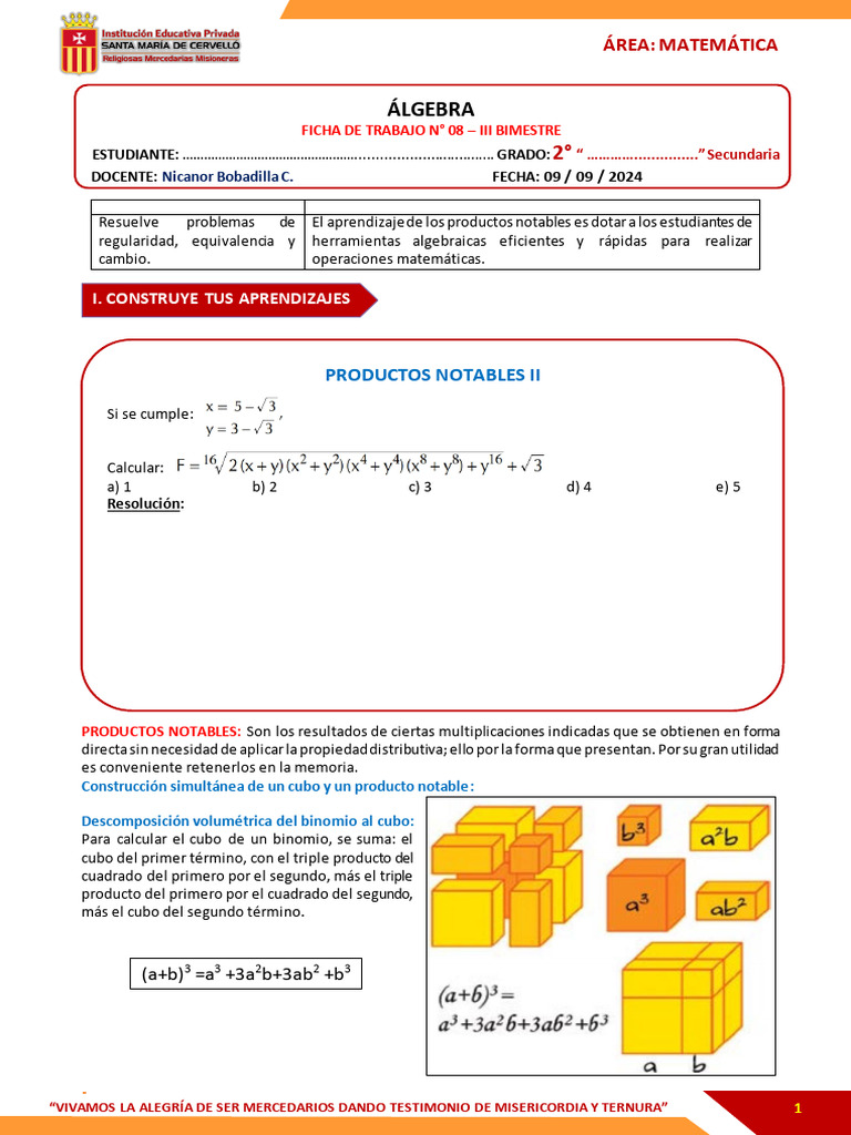 Ficha de Trabajo 08 Segundo de Secundaria Algebra | PDF