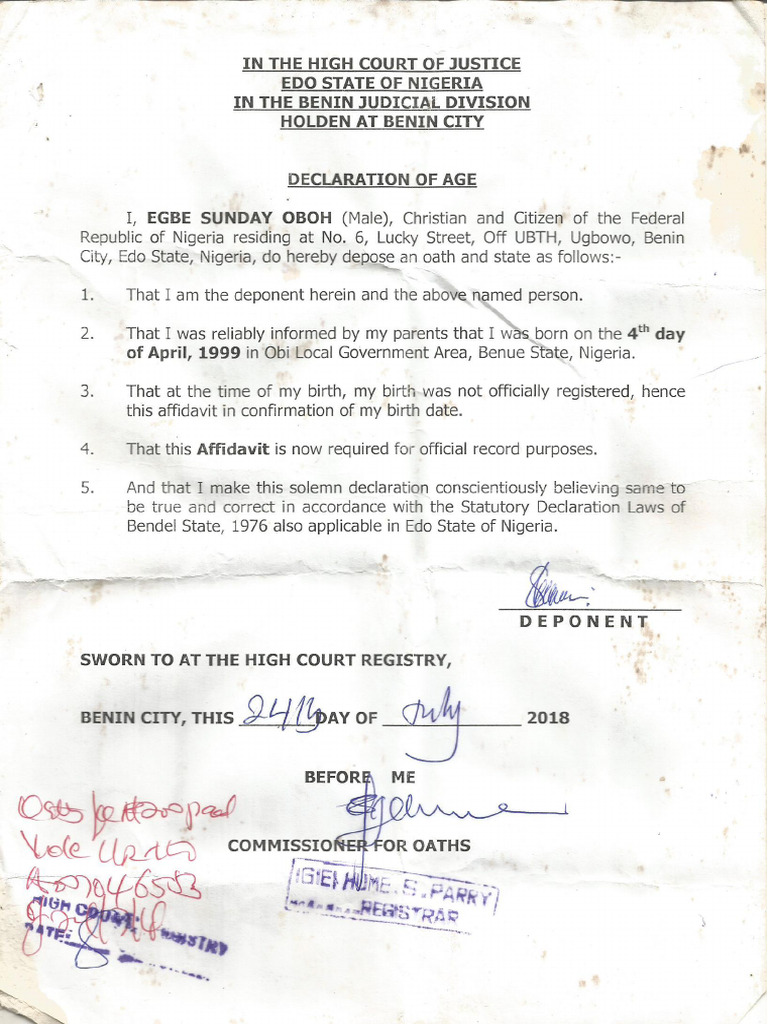 Sunday Egbe Age Declaration | PDF