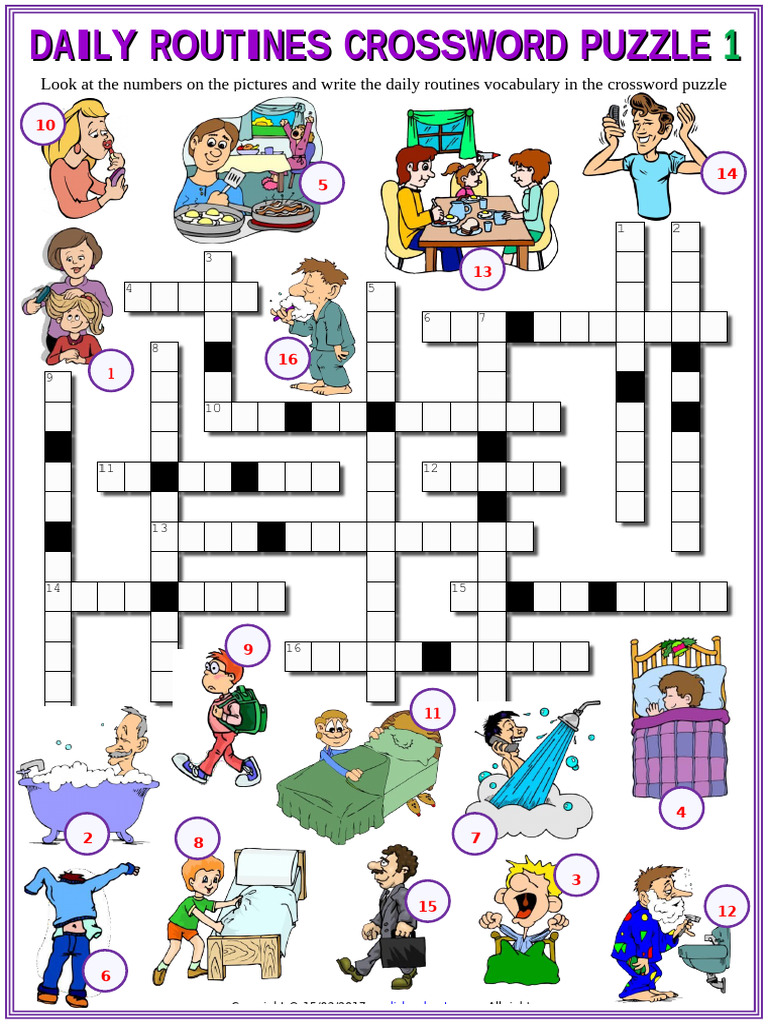 Daily Routines Vocabulary Esl Crossword Puzzle Worksheets For Kids | PDF