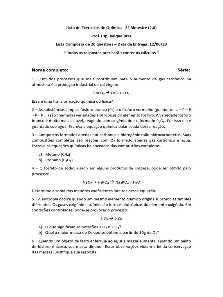 Lista de Exercícios de Química - 2º Ano | PDF | Oxigênio | Métodos e Materiais de Ensino