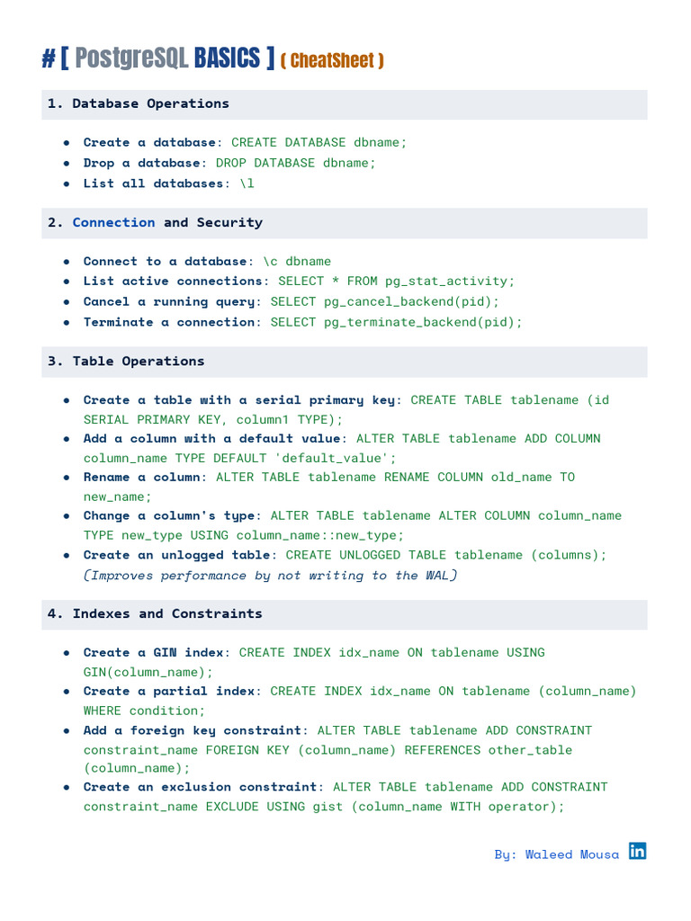 PostgreSQL cheatsheet | PDF PostgreSQL cheatsheet | PDF
