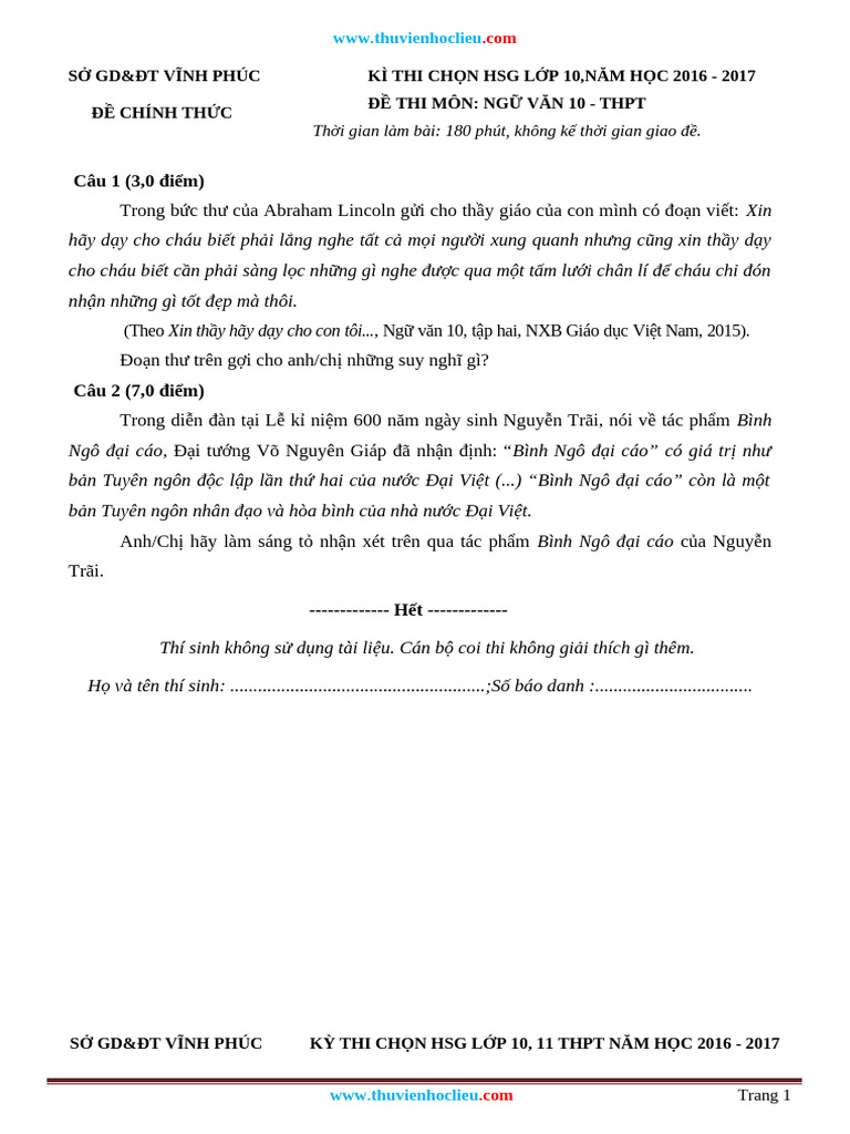 De Thi HSG Van 10 VINH PHUC 2017 | PDF