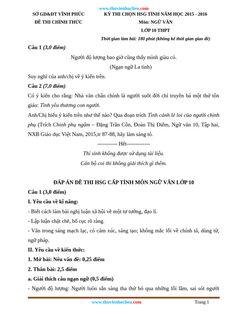De Thi HSG Van 10 Vinh Phuc 2016 | PDF
