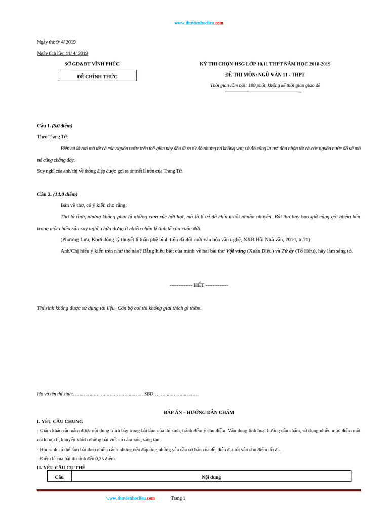 De Thi HSG Van 11 VINH PHUC 2019 | PDF