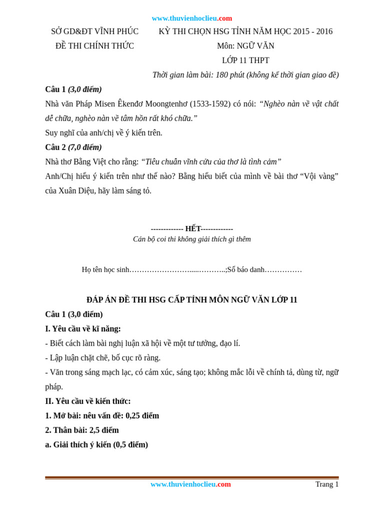 De Thi HSG Van 11 Vinh Phuc 2016 | PDF