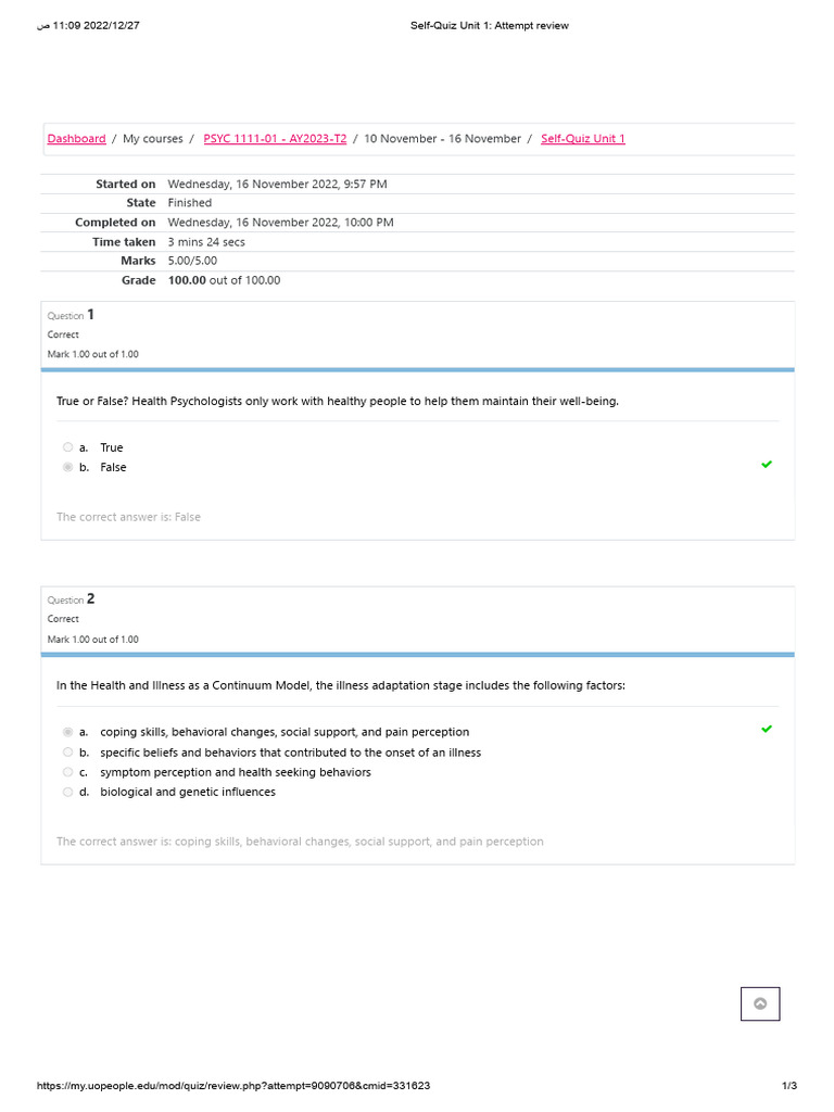 Self-Quiz Unit 2 - Attempt Review | PDF | Health Psychology | Psychology