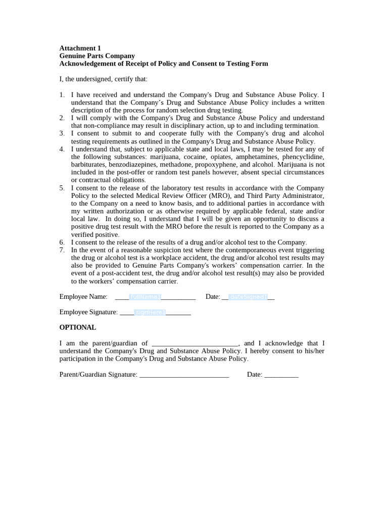 Acknowledgement of Receipt of Policy and Consent To Testing Form NDOT | PDF