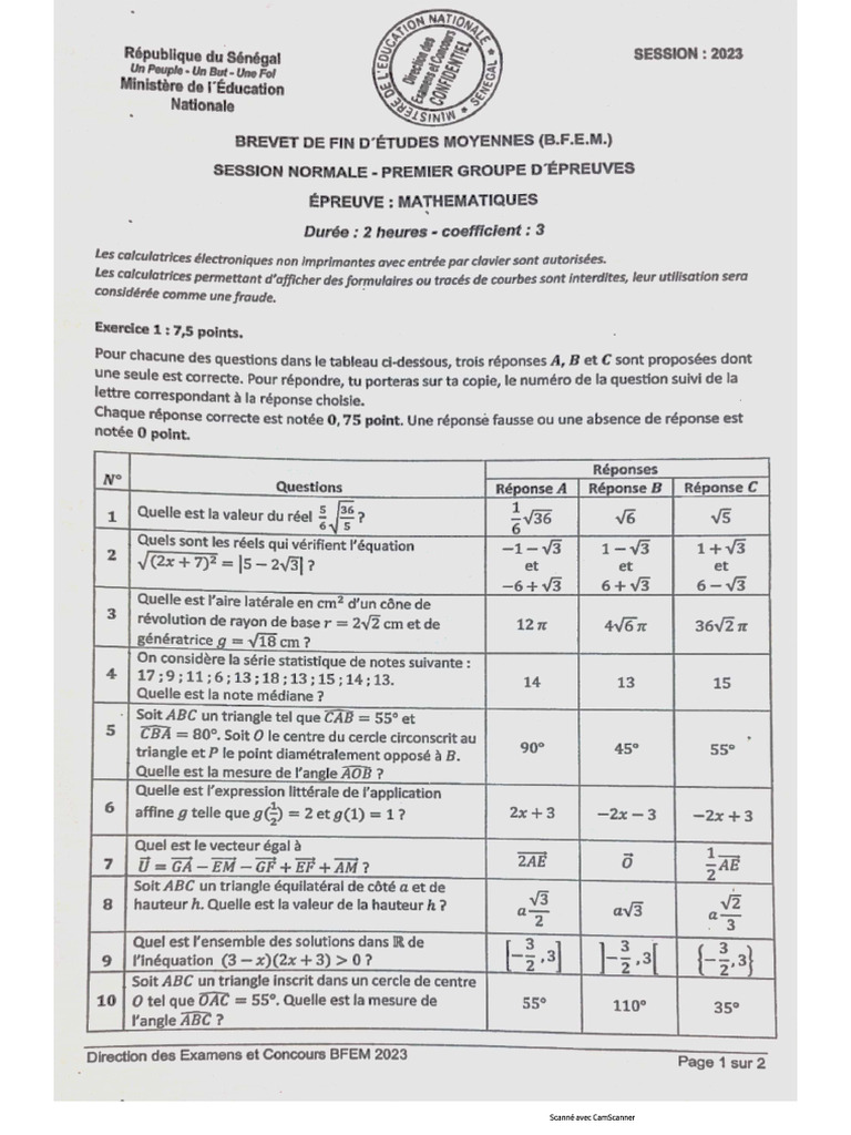 Epreuve de Mathématiques - Bfem 2023 | PDF