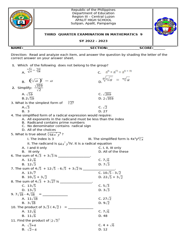 Third PERIODIC TEST Math 9 - 2022 2023 | PDF