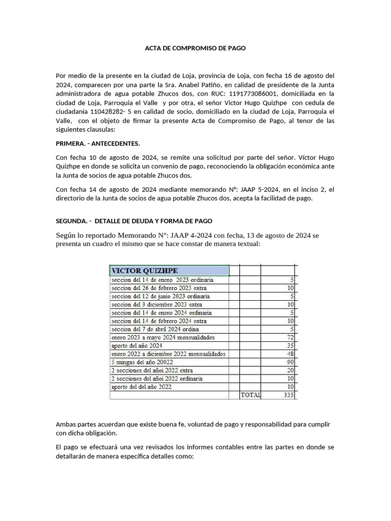 Acta Compromiso de Pago | PDF