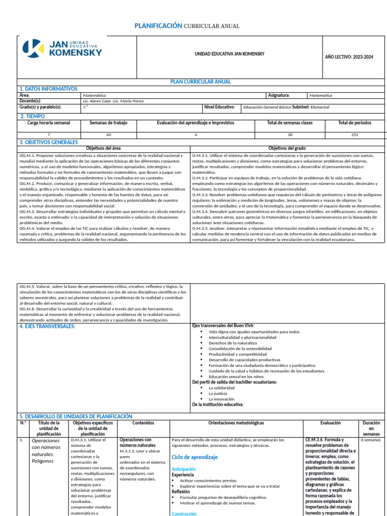 PCA MATEMÁTICA 7MO 2024 | PDF