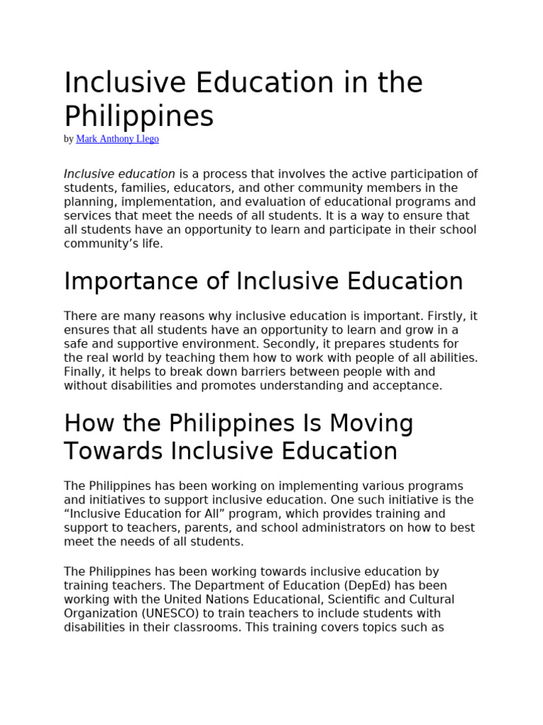 Inclusive Education in The Philippine1 | PDF | Inclusion (Education ... Inclusive Education in The Philippine1 | PDF | Inclusion (Education ...