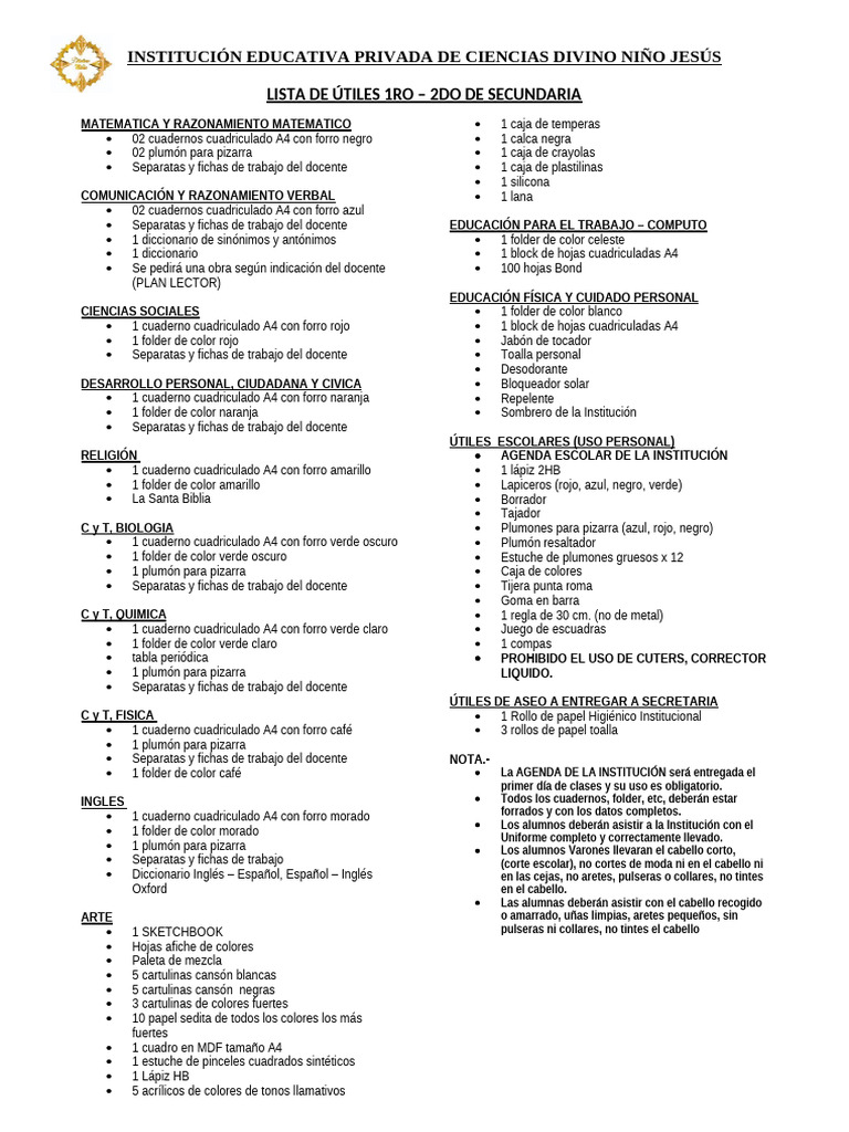 Lista de Útiles 1ro - 2do Secundaria | PDF