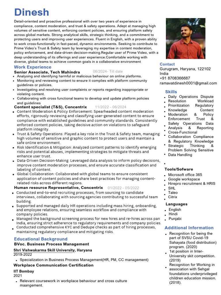 Dinesh Amazon Prime Resume NM | PDF | Policy | Regulatory Compliance