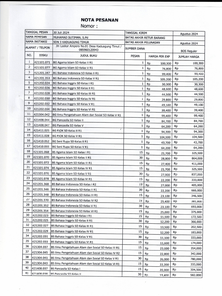 Pesanan Buku Agustus 2024 SDN 3 KDT KDT | PDF