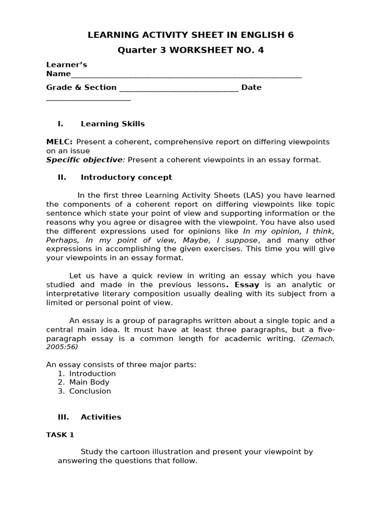 Learning Activity Sheet in English 6 Quarter 3 WORKSHEET NO. 4 | PDF