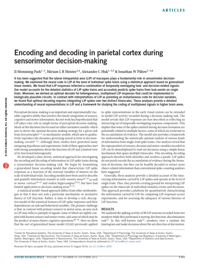 Encoding and Decoding in Parietal Cortex During Sensorimotor Decision-Making 2014 | PDF